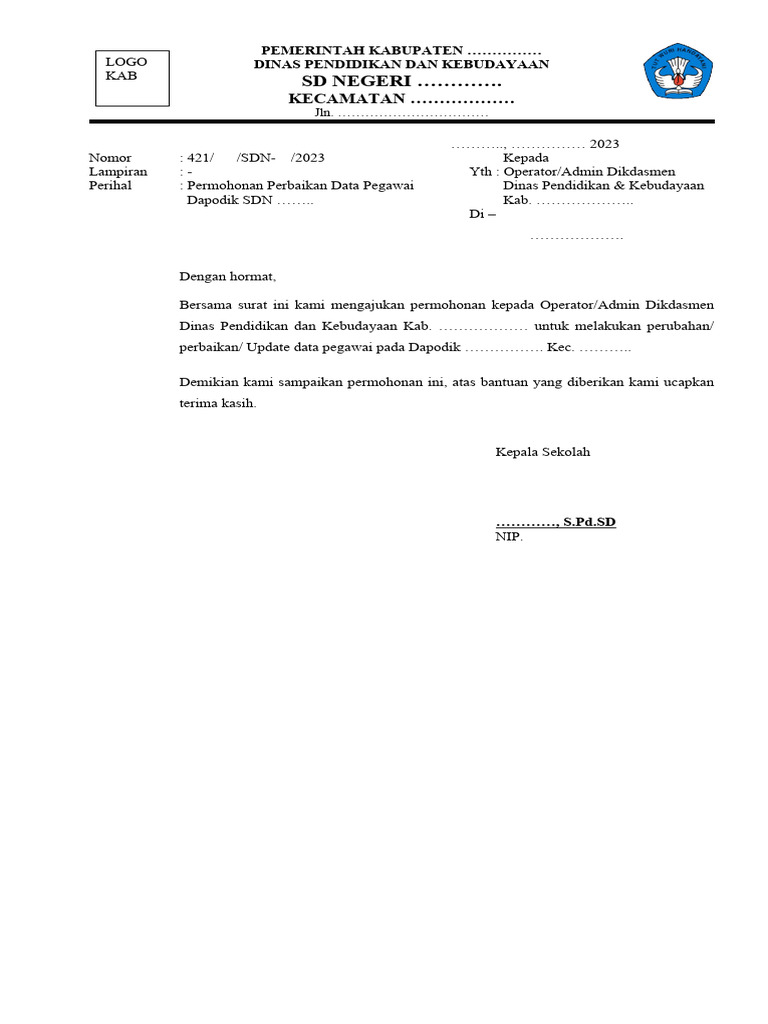 Surat Permohonan Perbaikan Data Guru Dapodik | PDF
