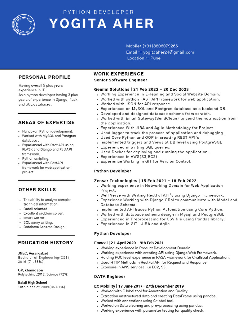Yogita Aher Python Developer 2023 | PDF | Postgre Sql | Databases Yogita Aher Python Developer 2023 | PDF | Postgre Sql | Databases