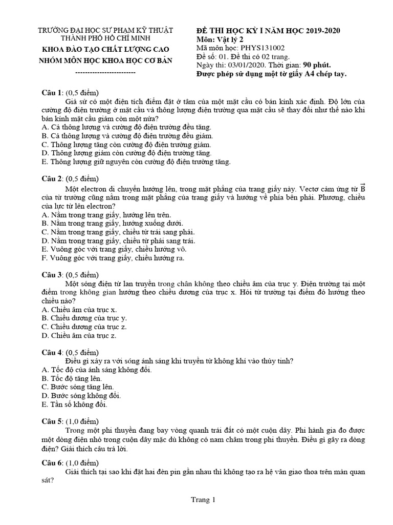 Vat-Ly-2 PHYS131002 HKI 2019-2020 CLC | PDF