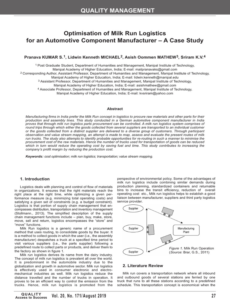 Milk Run Logistics Optimization Study | PDF | Logistics | Supply Chain