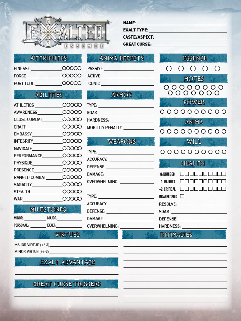 Exalted Essence Character Sheet Interactive | PDF | Gaming | Role Playing Games