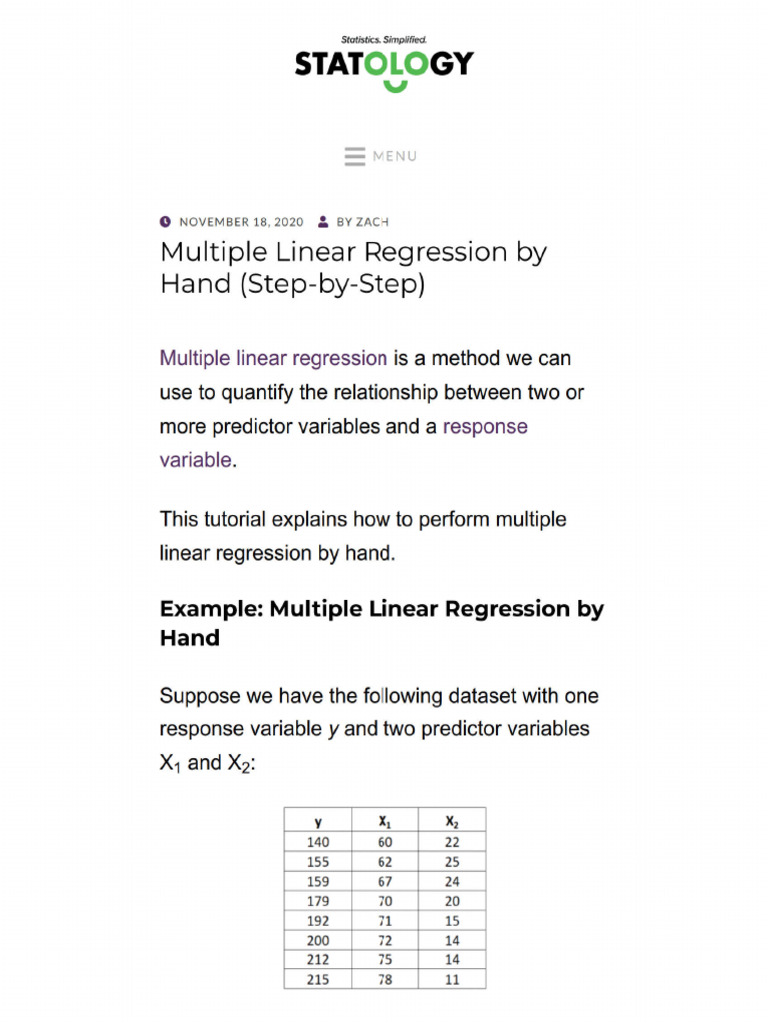 Multiple Linear Regression by Hand (Step-by-Step) - Statology - 4pages ...