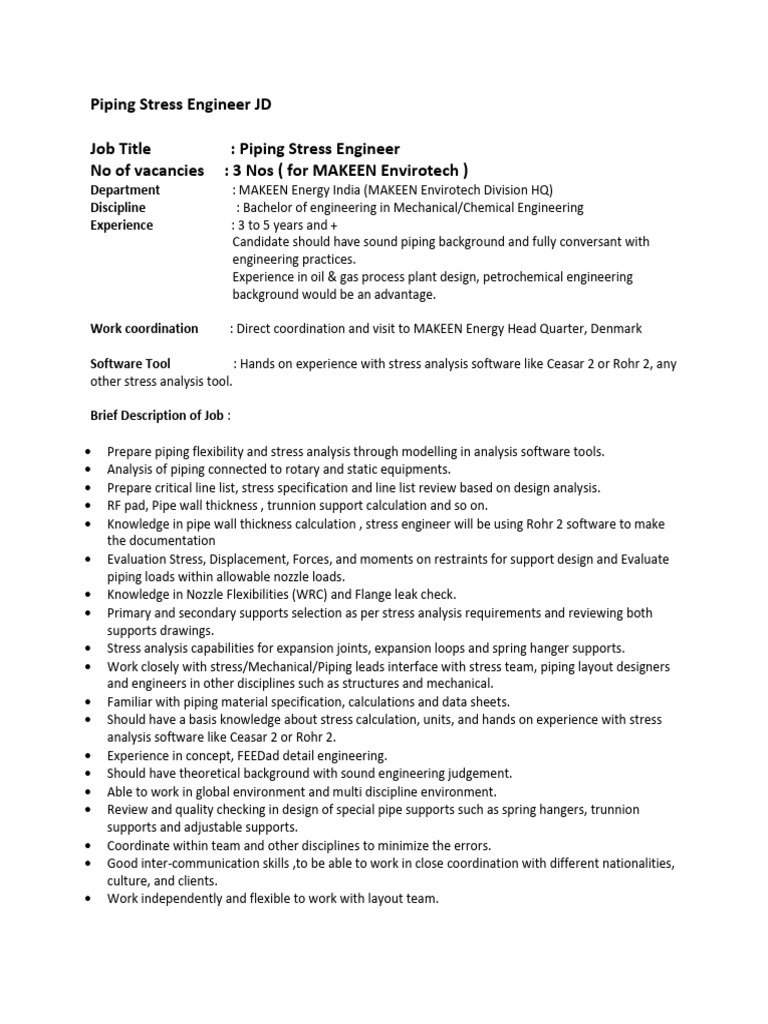 Piping stress Engineer JD (1) | PDF | Stress (Mechanics) | Engineering