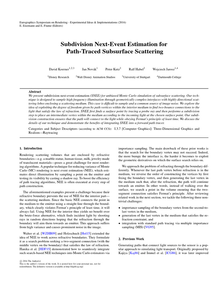 Subdivision Next Event Estimation For Path Traced Subsurface Scattering | PDF | Rendering ...