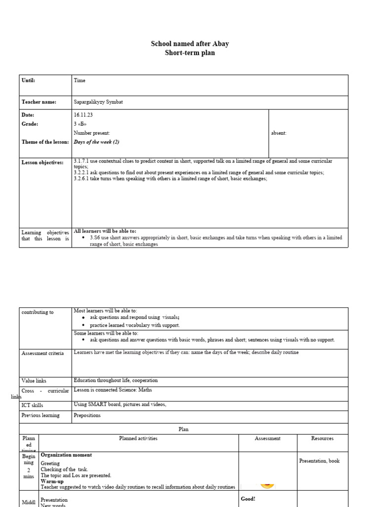 Days of the Week Lesson Plan | PDF | Career & Growth