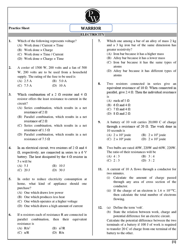 ch11 Sci Practice Sheet | PDF | Series And Parallel Circuits | Electrical Resistance And Conductance