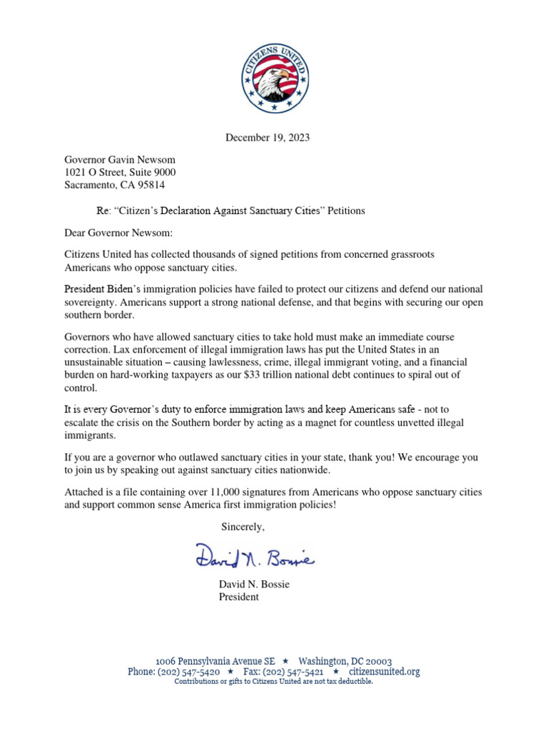 Citizen's Declaration Against Sanctuary Cities Letter | PDF