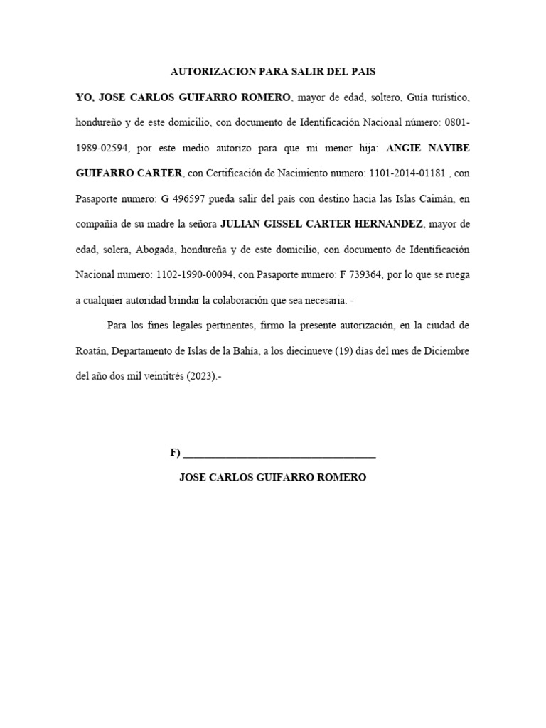 Jose Carlos Guifaroo Autorizacion para Salir Del Pais | PDF | Honduras ... Jose Carlos Guifaroo Autorizacion para Salir Del Pais | PDF | Honduras ...