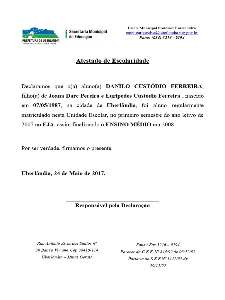 Atestado de Escolaridade - Danilo Custódio | PDF | Bem-estar