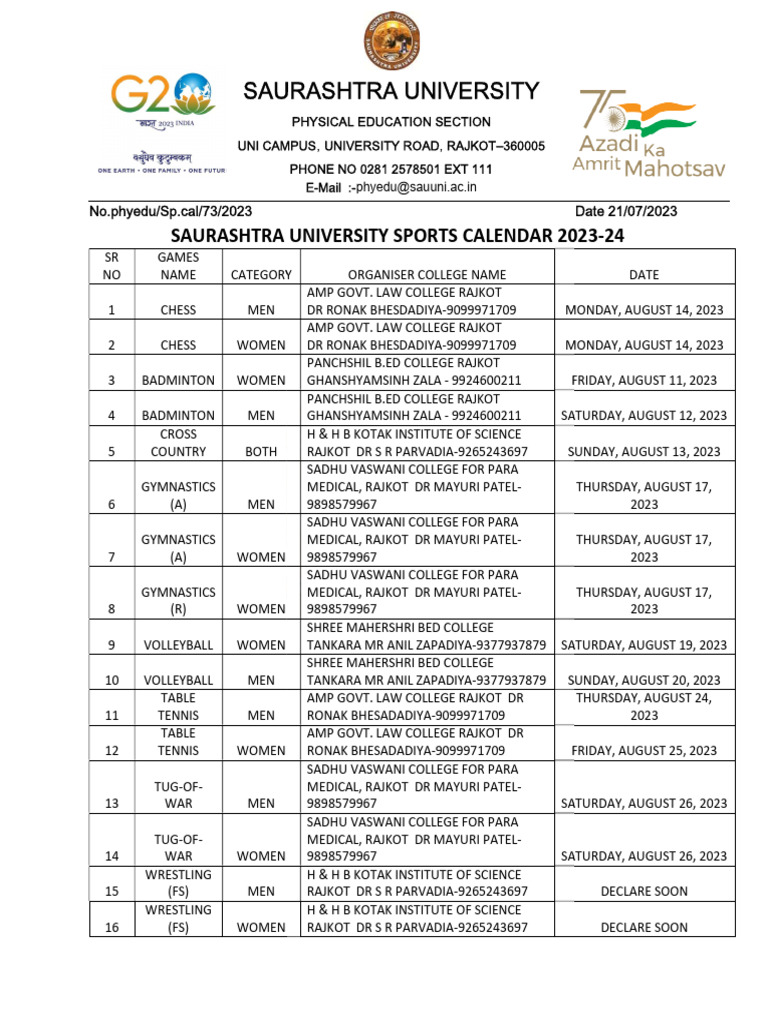 Final Sports Calendar 2023-24 Update - 2 | PDF