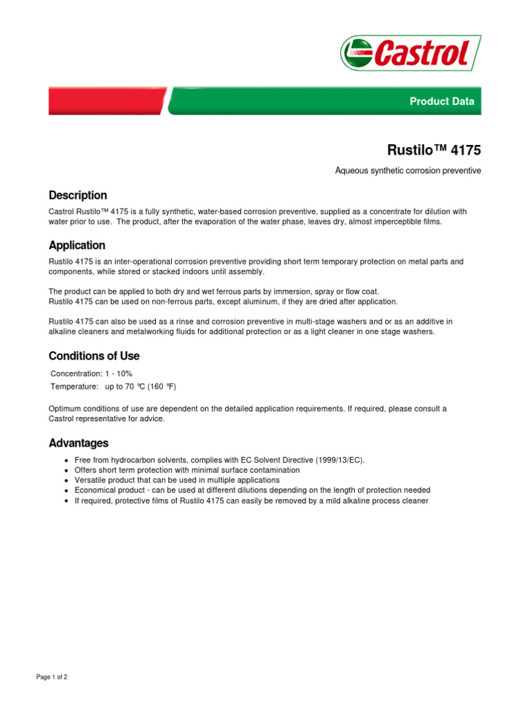 Ficha Tecnica Castrol Rustilo 4175 | PDF | Corrosion | Water