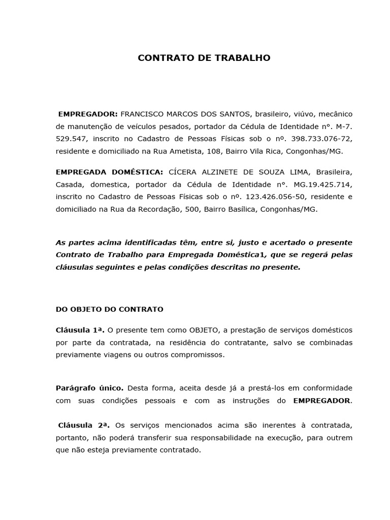 CONTRATO DE TRABALHO | PDF | Salário | Expediente