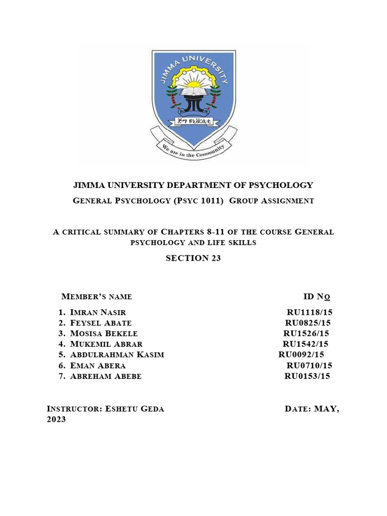 Jimma University Department of Psychology Assignment Summary of ...