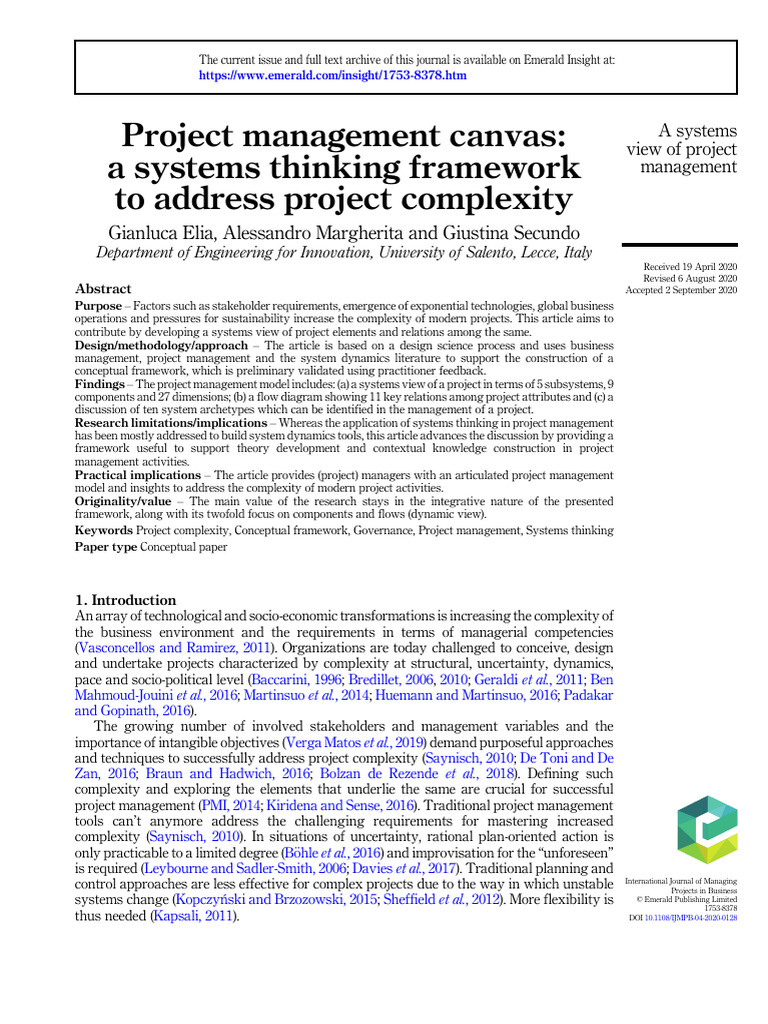 Project Management Canvas - A Systems Thinking Framework To Address Project Complexity | PDF ...