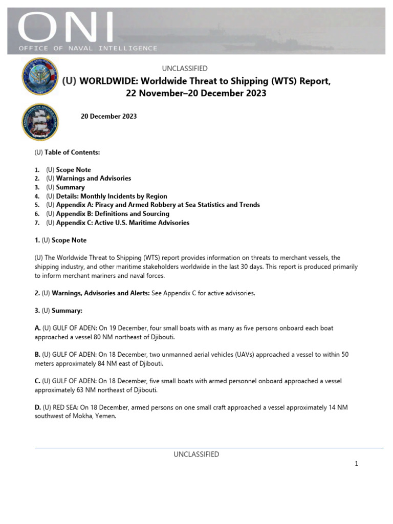 U.S. Navy Office of Naval Intelligence Worldwide Threat To Shipping ...