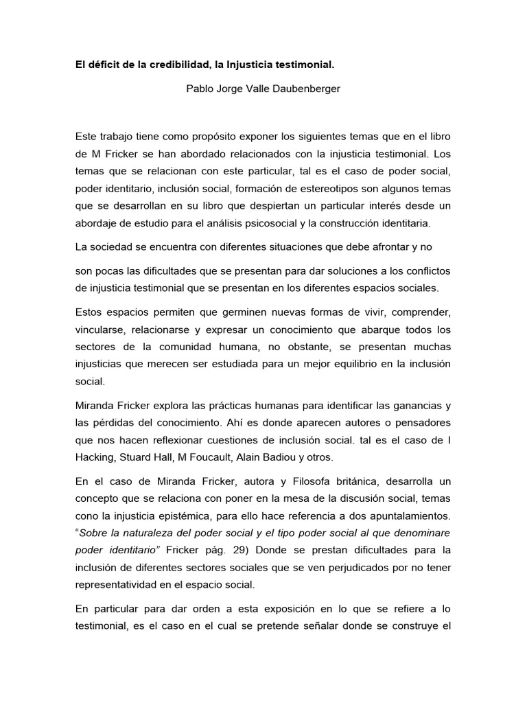 InjusEl Déficit de La Credibilidad, La Injusticia Testimonial. | PDF ...