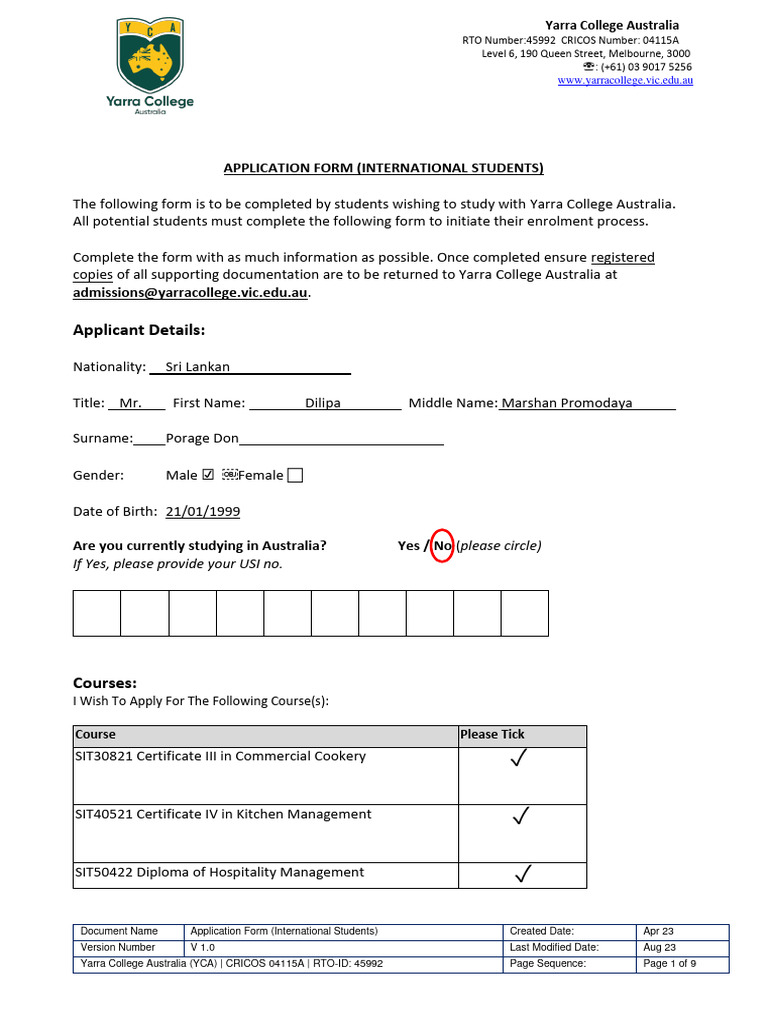 Application Form International Students V 1.0 | PDF