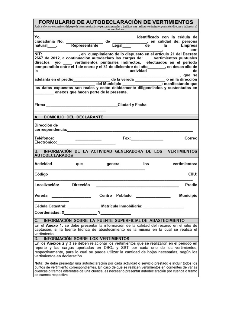 F - Aa - 039 Formulario de Autodeclaracion de Vertimientos Listo Imprimir | PDF