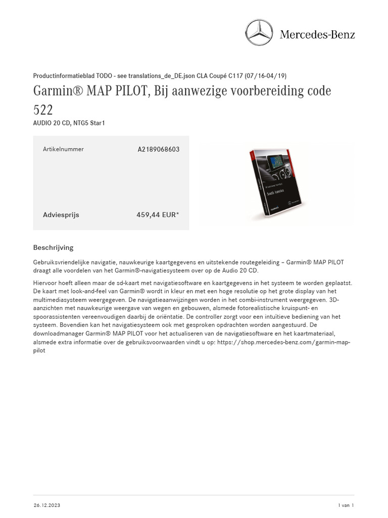 Garmin® MAP PILOT, Bij Aanwezige Voorbereiding Code 522 - Mercedes Benz ...