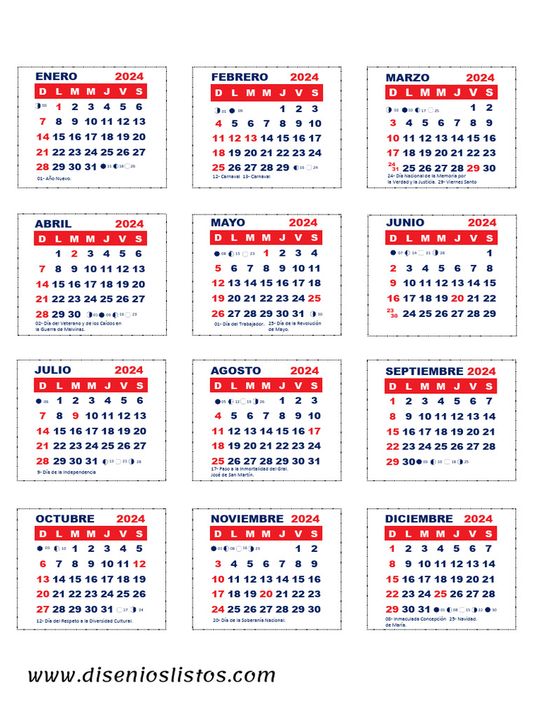 Calendarios Mignon Editables 2024 Con Feriados Argentina | PDF