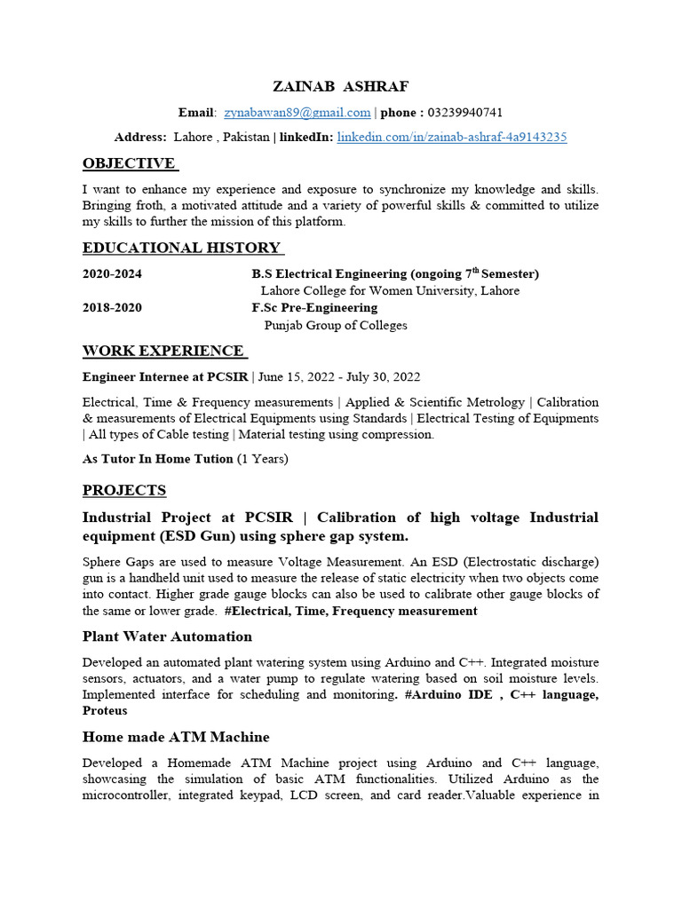 Zainab Ashraf CV Teaching | PDF | Electrostatic Discharge | Arduino