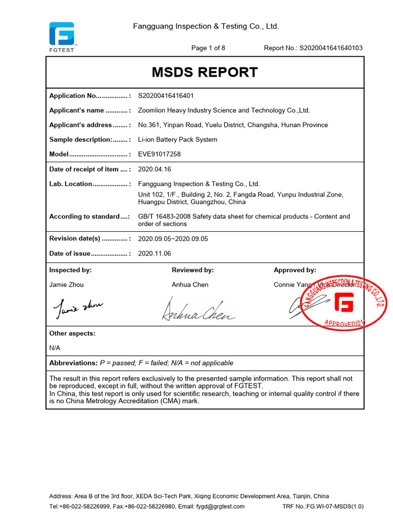 S2020041641640103 EVE91017258 230 Ah MSDS Report | PDF | Dangerous ...