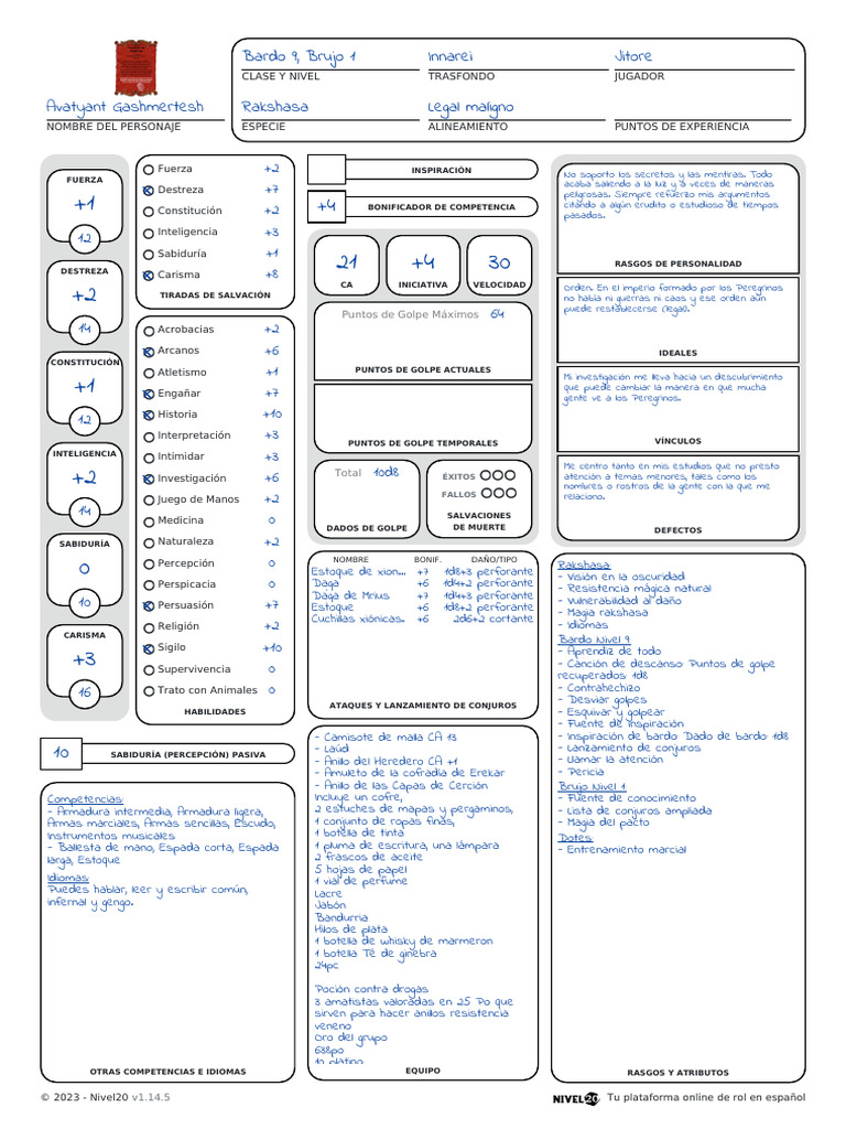 Ficha de Personaje: Bardo/Brujo Rakshasa | PDF