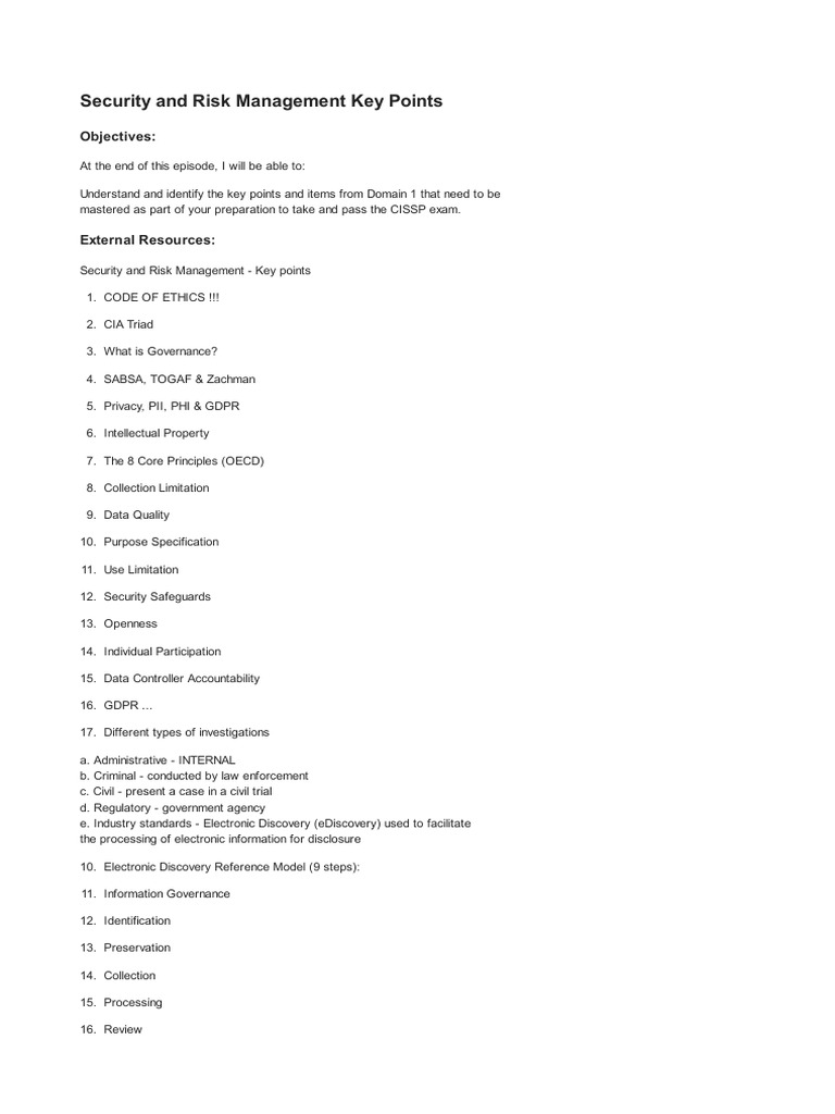 Isc2 Cissp 1 16 1 Security and Risk Management Key Points | PDF Isc2 Cissp 1 16 1 Security and Risk Management Key Points | PDF