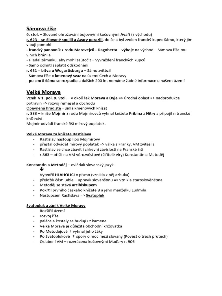 9) Sámova Říše A Velká Morava - Pracovní List | PDF