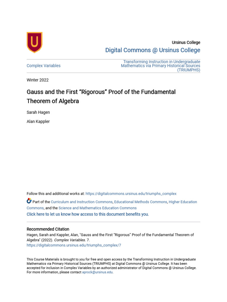Gauss And The First Rigorous Proof Of The Fundamental Theorem O Pdf Factorization