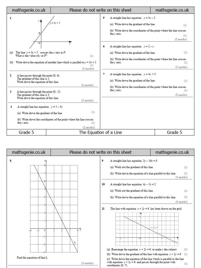 Grade 5 Line Equation Exercises | PDF | Line (Geometry) | Cartesian ...