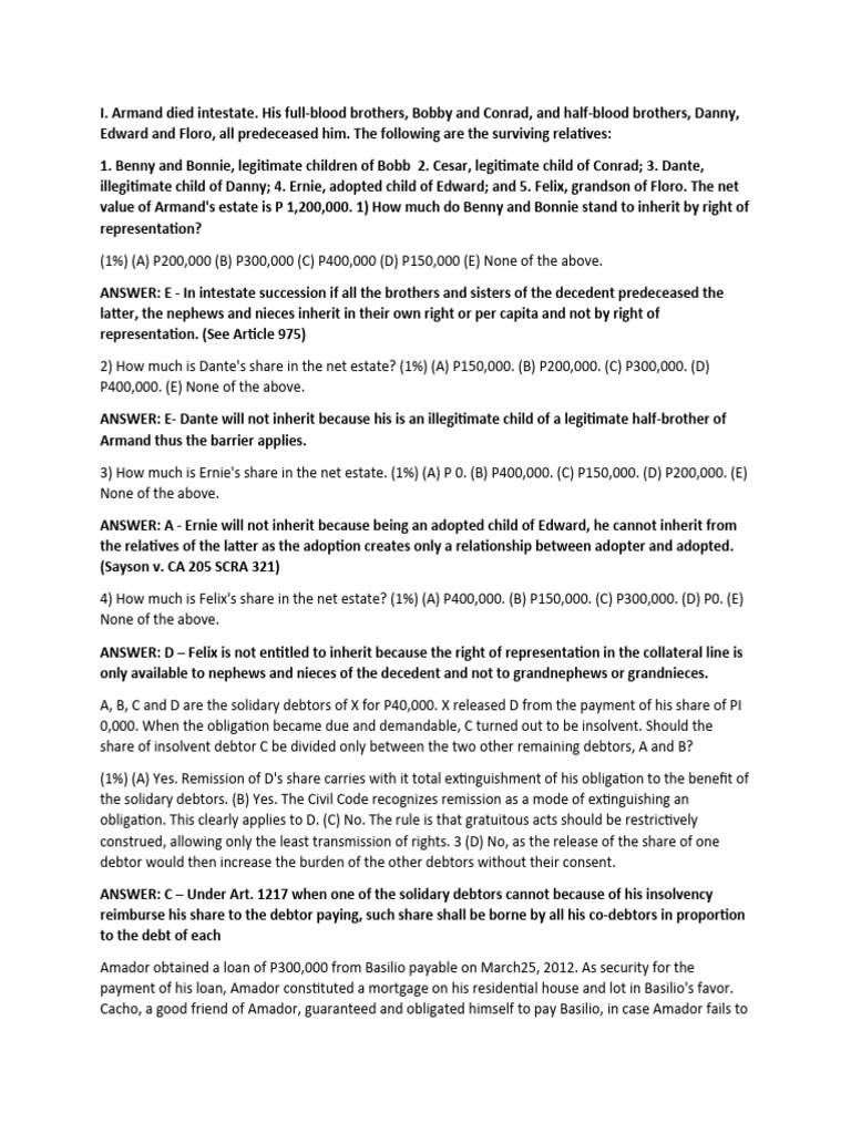 UST Bar Exam: Inheritance and Liability Cases | PDF | Partnership ...