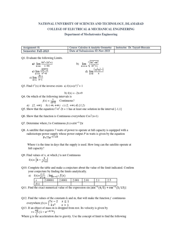 Assignment#01. Calculus | PDF | Function (Mathematics) | Phase (Waves)