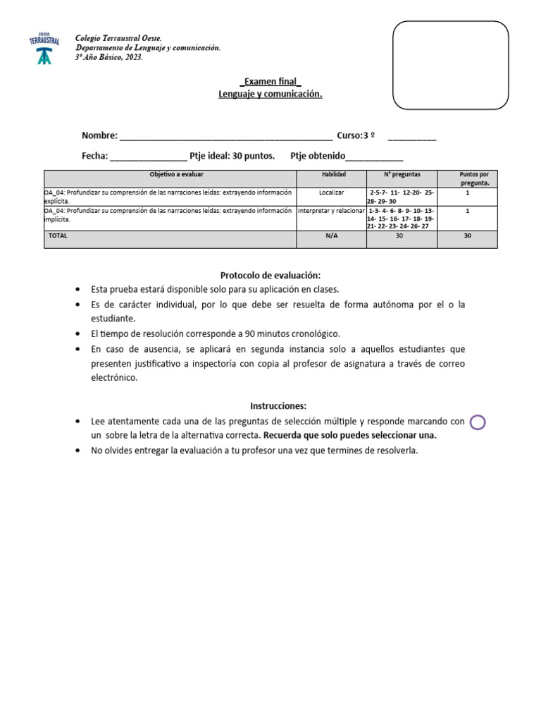 E - Examen - Final - 3°básicos - Lenguaje y Comunicación. CORRECCIÓN. | PDF | Comunicación | Póster