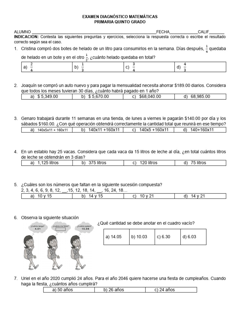 Diagnostico Matemáticas 5° Prim | PDF