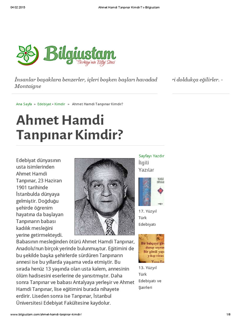 Ahmet Hamdi Tanpınar Kimdir - Bilgiustam | PDF