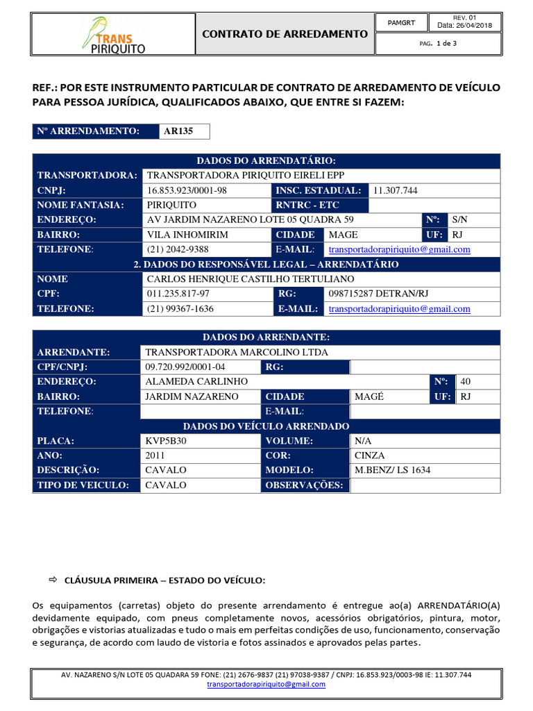TP Contrato - Arrendamento KVP5B30 | PDF | Leasing | Direito Privado