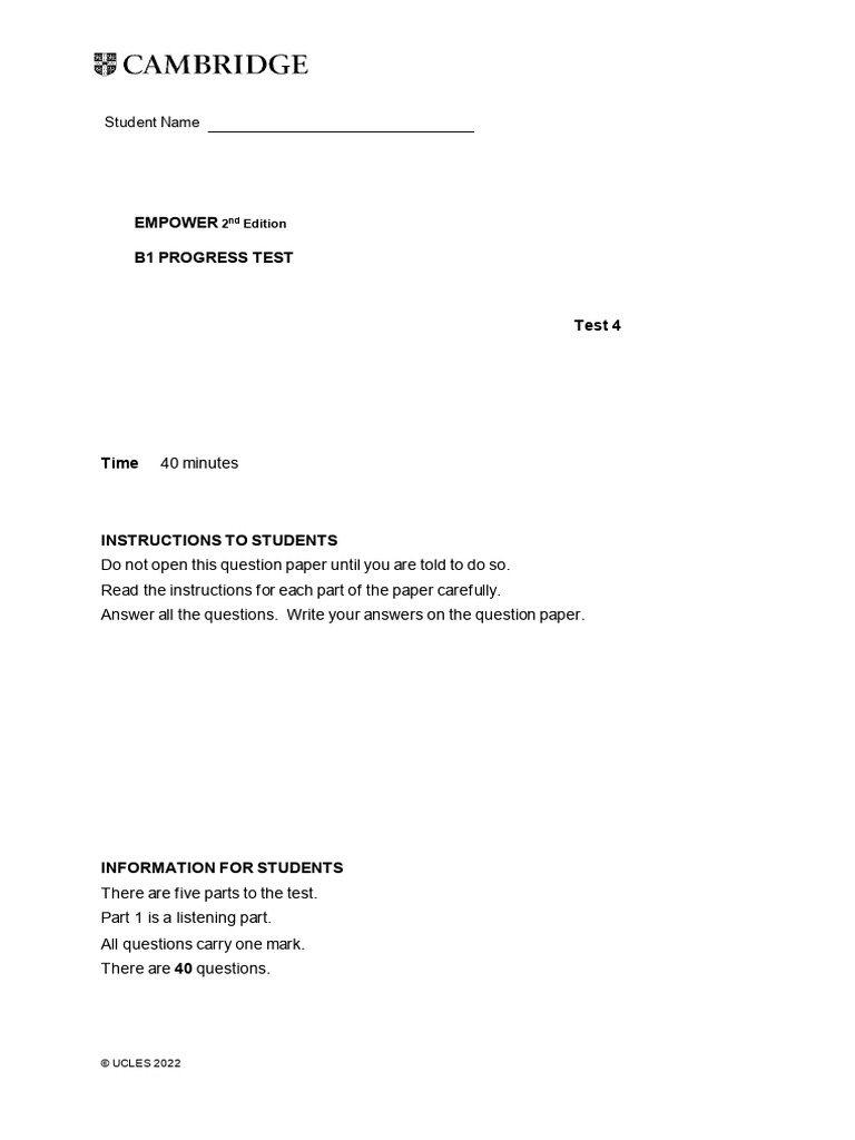 Empower Second Edition B1 Unit Progress Test 4 - Version A | PDF
