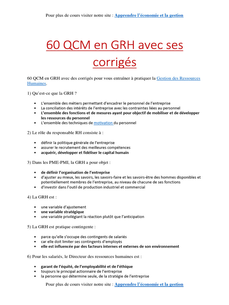 60 QCM en GRH Avec Ses Corrigés | PDF