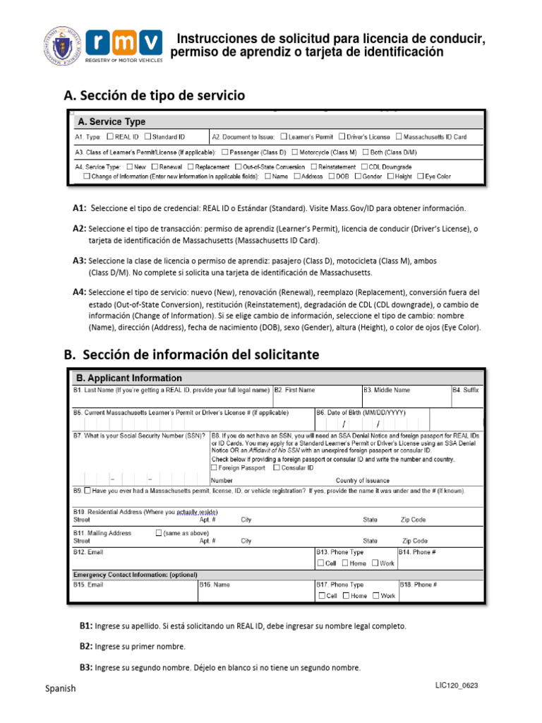LIC120 - Permit - DL - ID Application Instructions - Spanish | PDF
