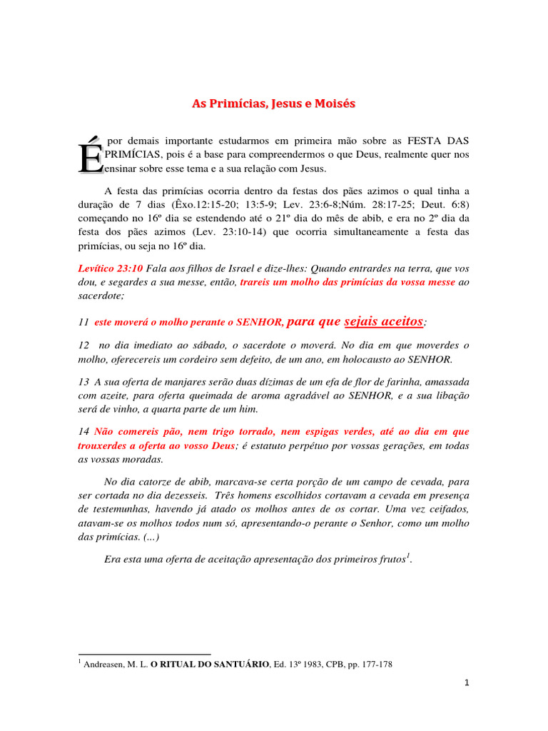 As Primícias, Jesus e Moisés | PDF | Jesus | Primeira Epístola aos ...