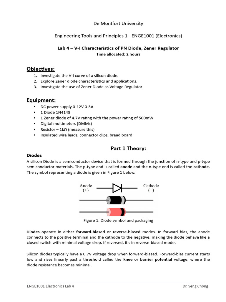 Lab 4-V I Characteristics of PN Diode and Zener Regulator PDF | PDF | Diode | P–N Junction