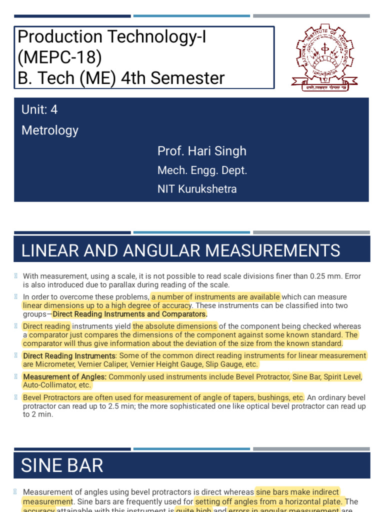 Prod Tech-I - Unit 4 (B) - Metrology | PDF | Machining | Pressure Measurement