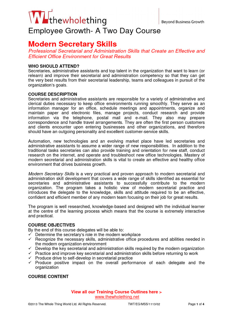 Modern Secretary Skills Training Course | PDF | Career & Growth | Self ...
