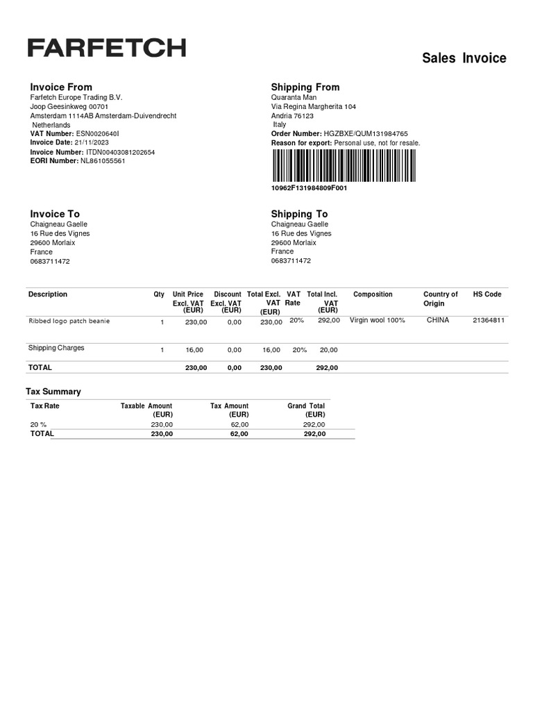 Facture Farfetch Og White | PDF