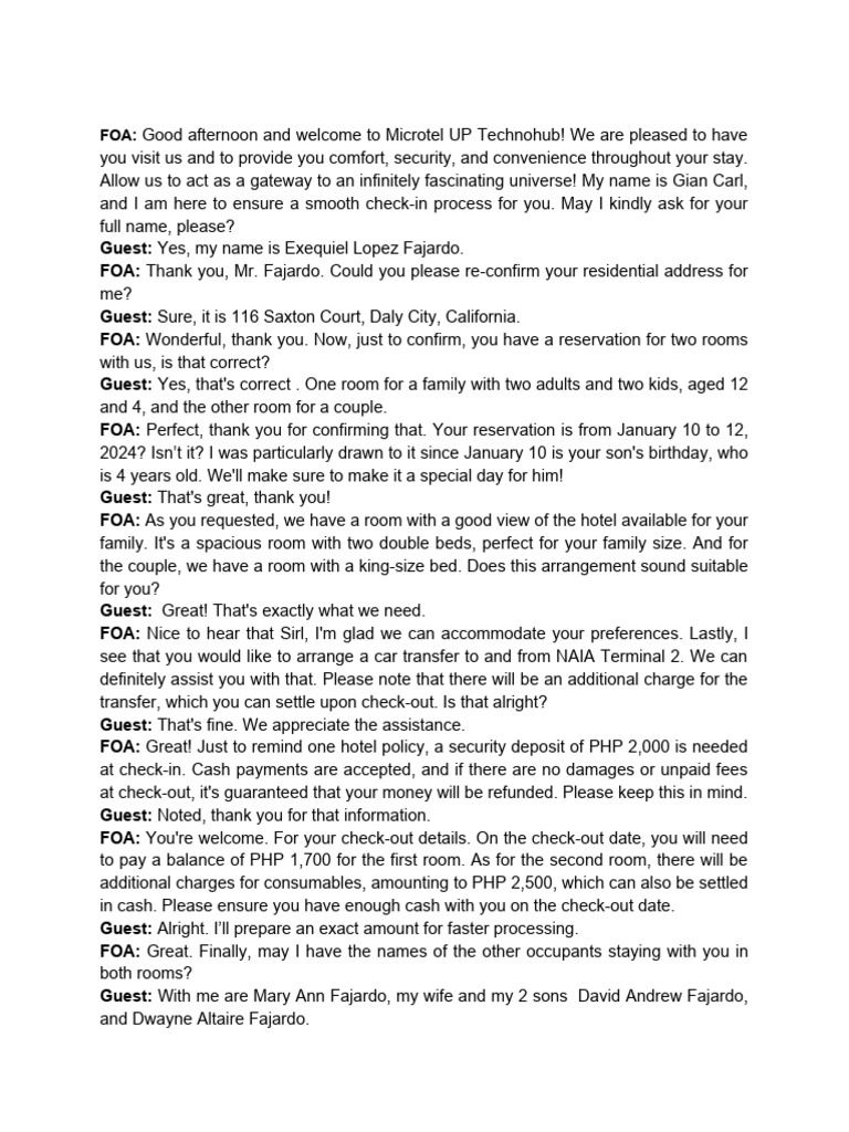 Script - Front Desk Hotel Check in - Out | PDF