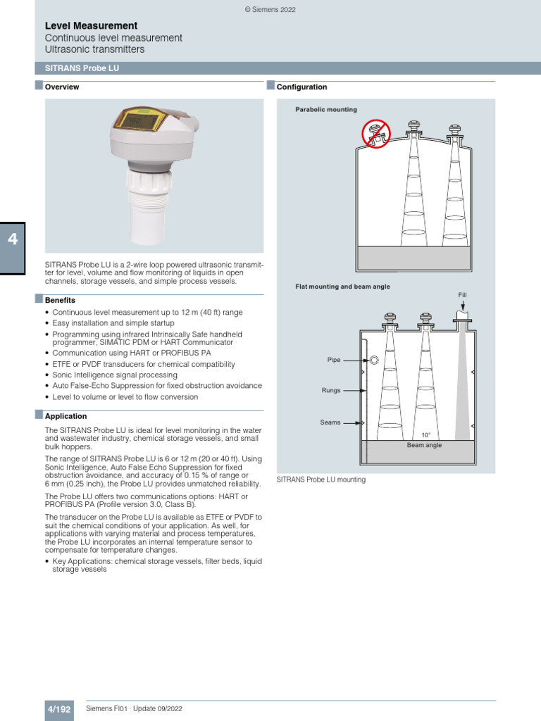 Siemens Level Sensor Sitransl Probe Lu Fi01 en | PDF