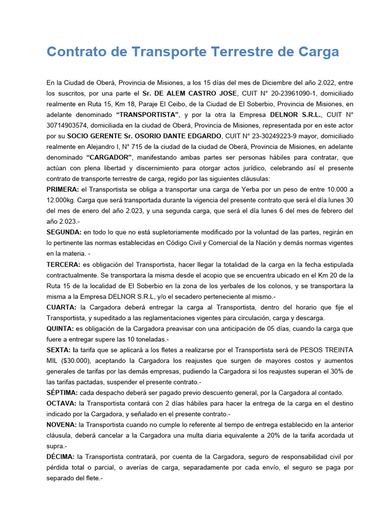 Contrato Transporte Terrestre Carga | PDF