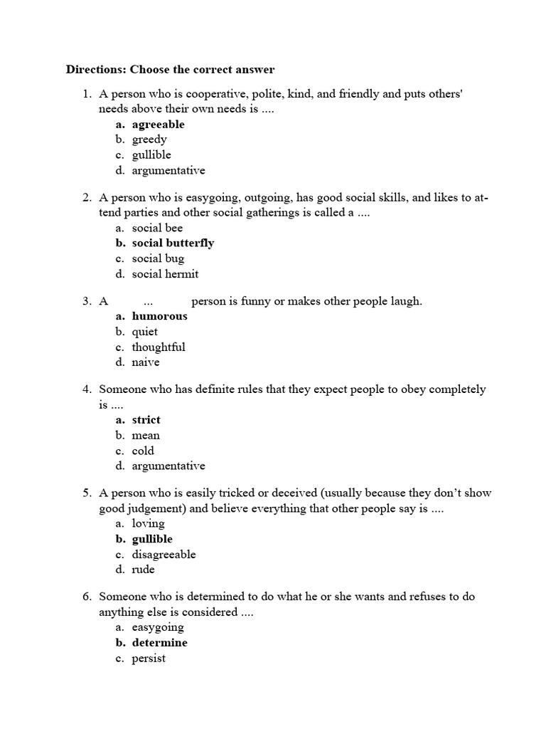 Personality Traits Multiple Choice Exercise | PDF | Behavioural ...