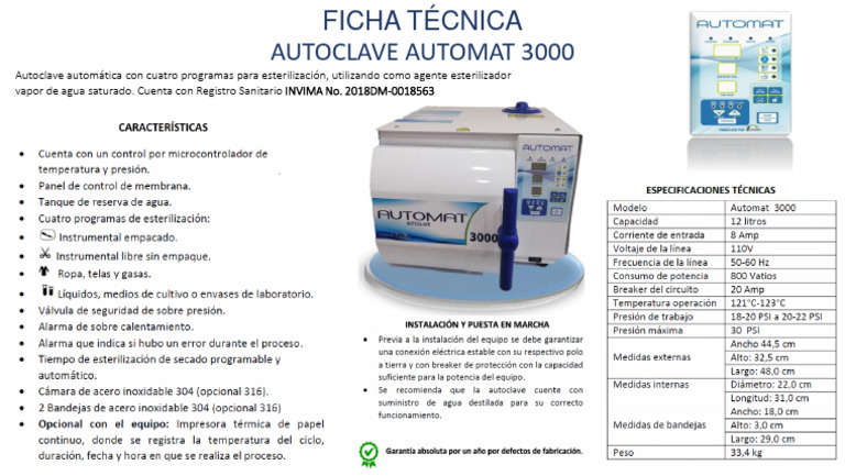 Ficha Técnica - Autoclave Automat 3000 | PDF | Tecnología e ingeniería